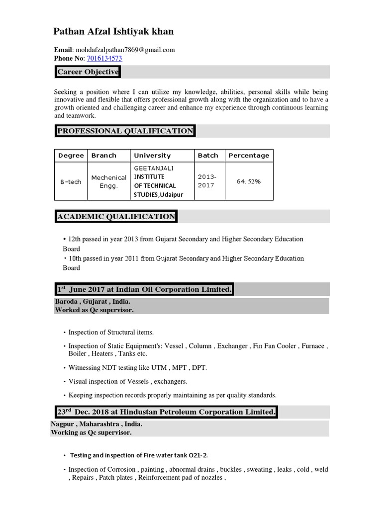 1538592247197resume - Mohd Afzal Pathan.@ 786 | PDF | Nondestructive ...