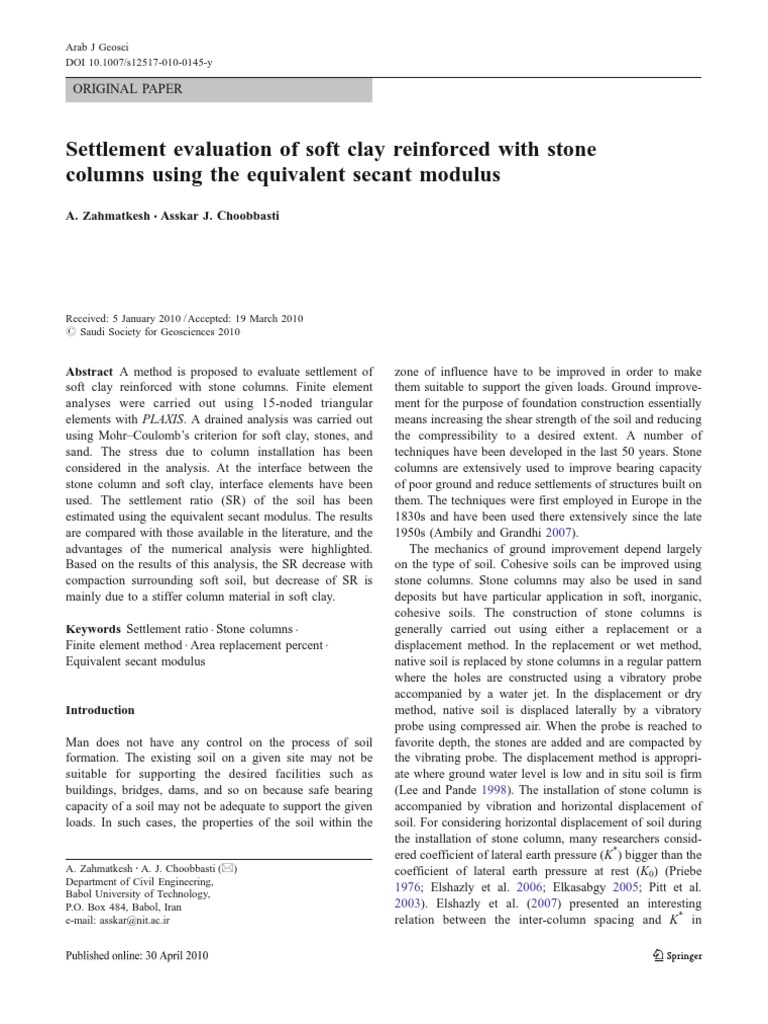 Settlement Evaluation of Soft Clay Reinforced With Stone Columns Using ...