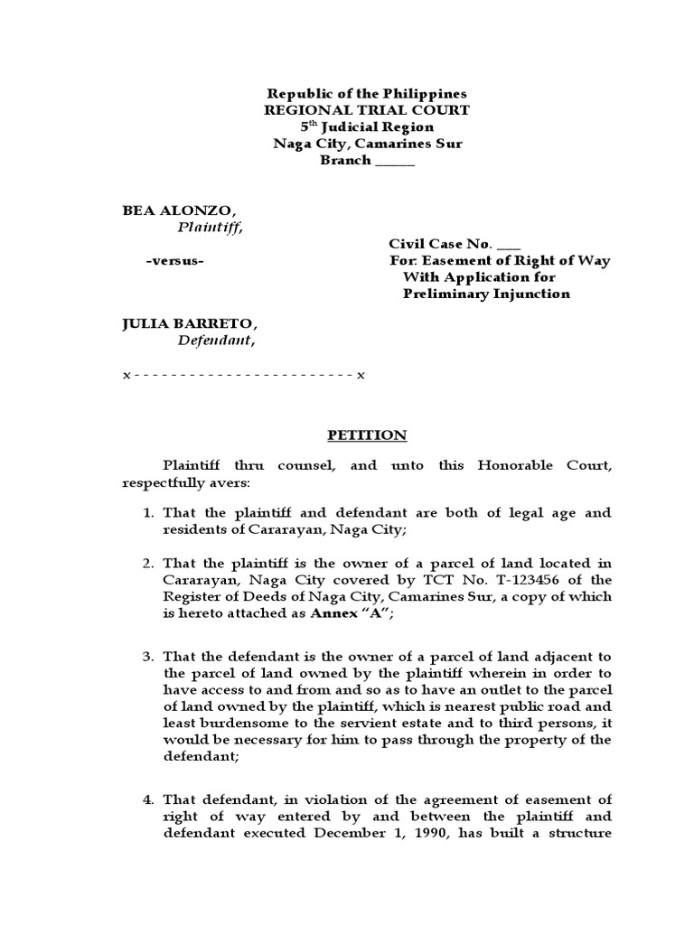 Complaint For Easement With Application For Preliminary Injunction | PDF | Easement | Plaintiff