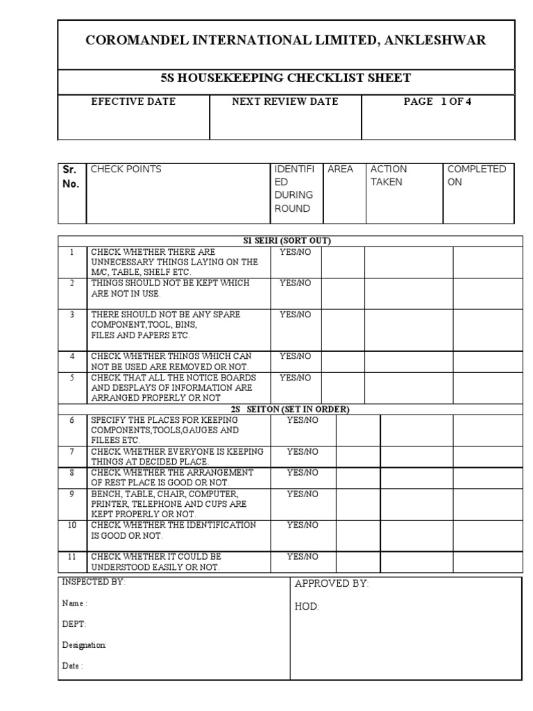 5S Housekeeping Checklist for Hospitals | PDF | Nature