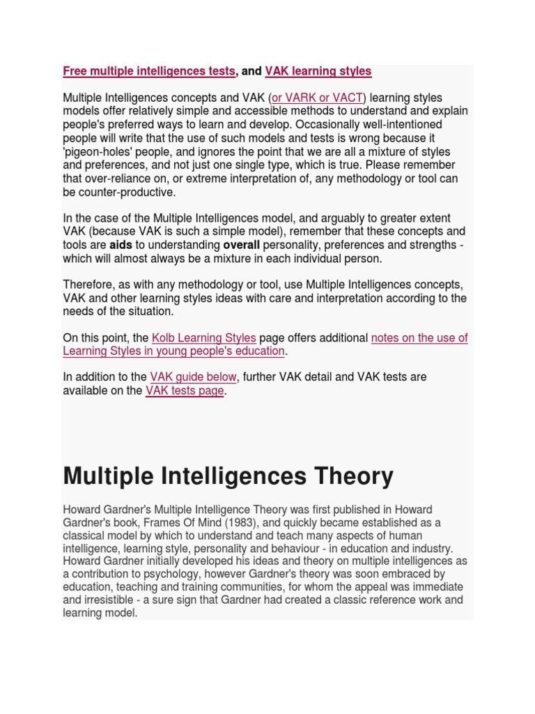 Free Multiple Intelligences Tests | PDF | Learning Styles | Epistemology