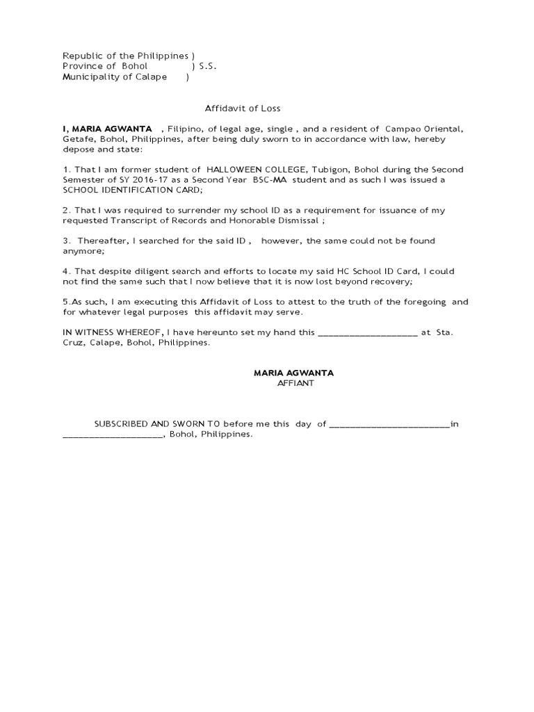 Affidavit of Loss ID HC | PDF
