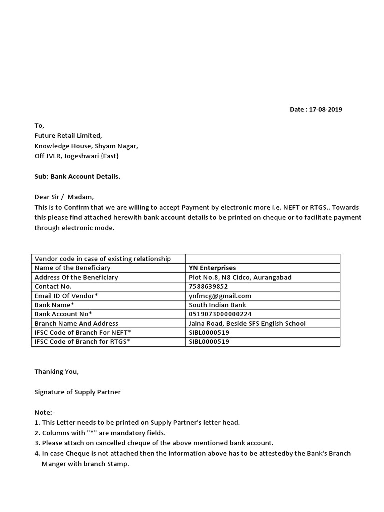 Sub: Bank Account Details.: Date: 17-08-2019 | PDF | Cheque | Banking