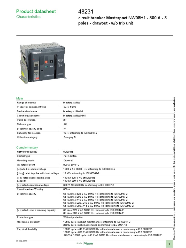 Product Datasheet: Circuit Breaker Masterpact NW08H1 - 800 A - 3 Poles ...