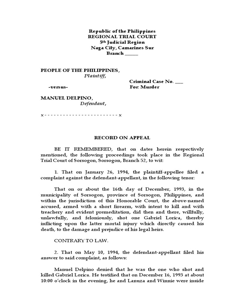 Record On Appeal Sample | PDF | Murder | Indemnity