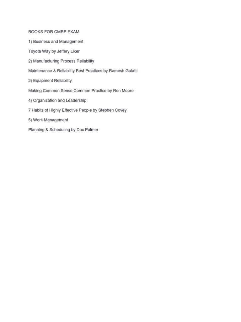 CMRP Exam Recommended Reading List | PDF