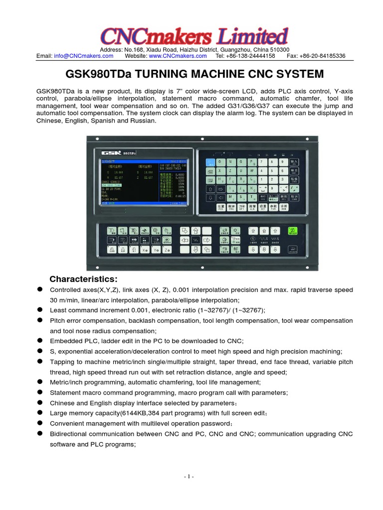 Gsk980Tda Turning Machine CNC System: Characteristics | PDF | Programmable Logic Controller ...