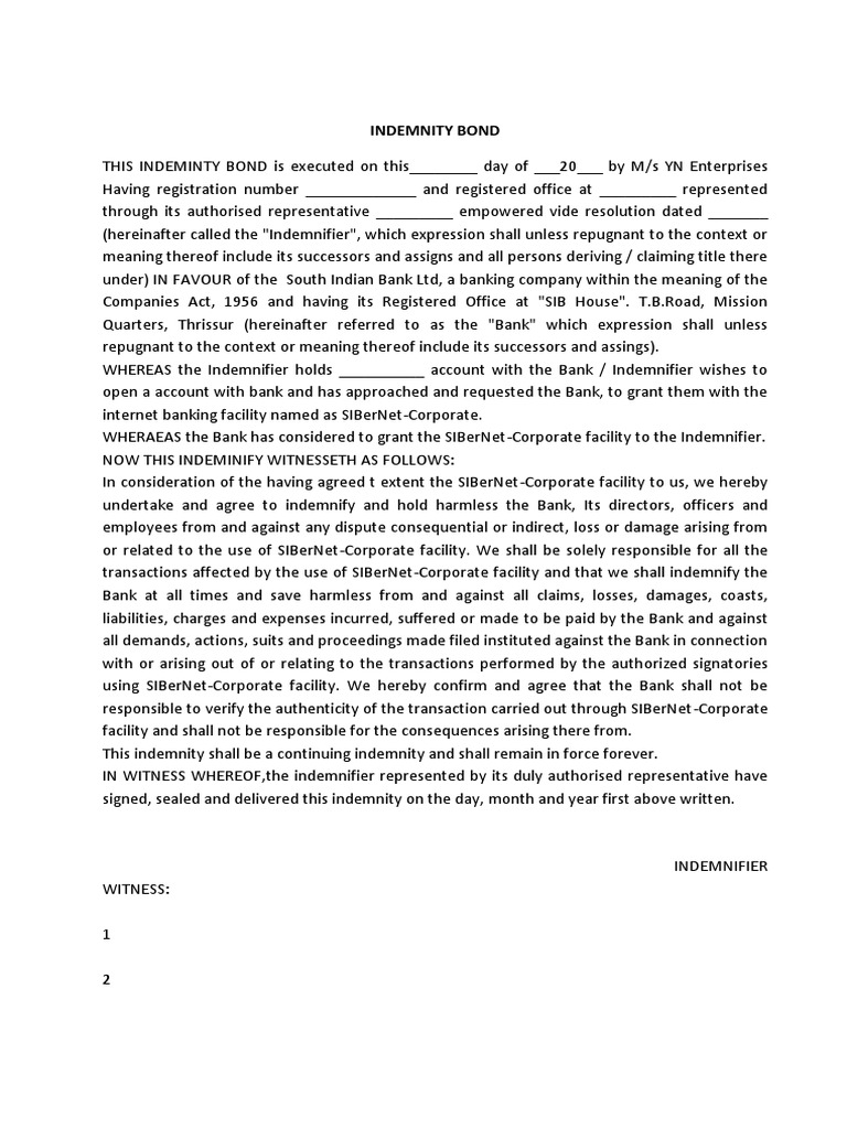 Indemnity Bond | PDF | Indemnity | Legal Concepts