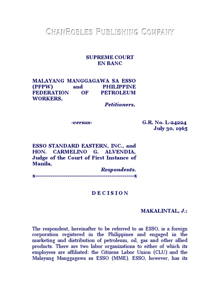 Malayang Manggagawa Sa ESSO (PFPW) vs. ESSO Standard Eastern, Inc., G.R ...