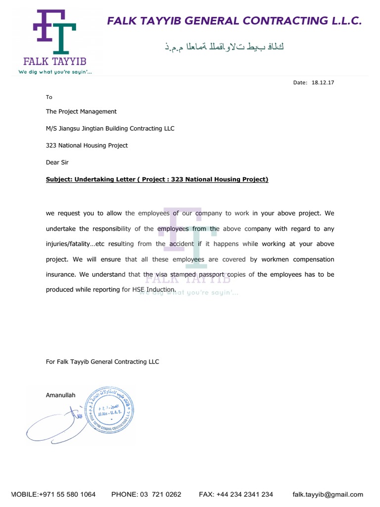 Falk Tayyib General Contracting LLC Undertaking Letter for 323 National ...