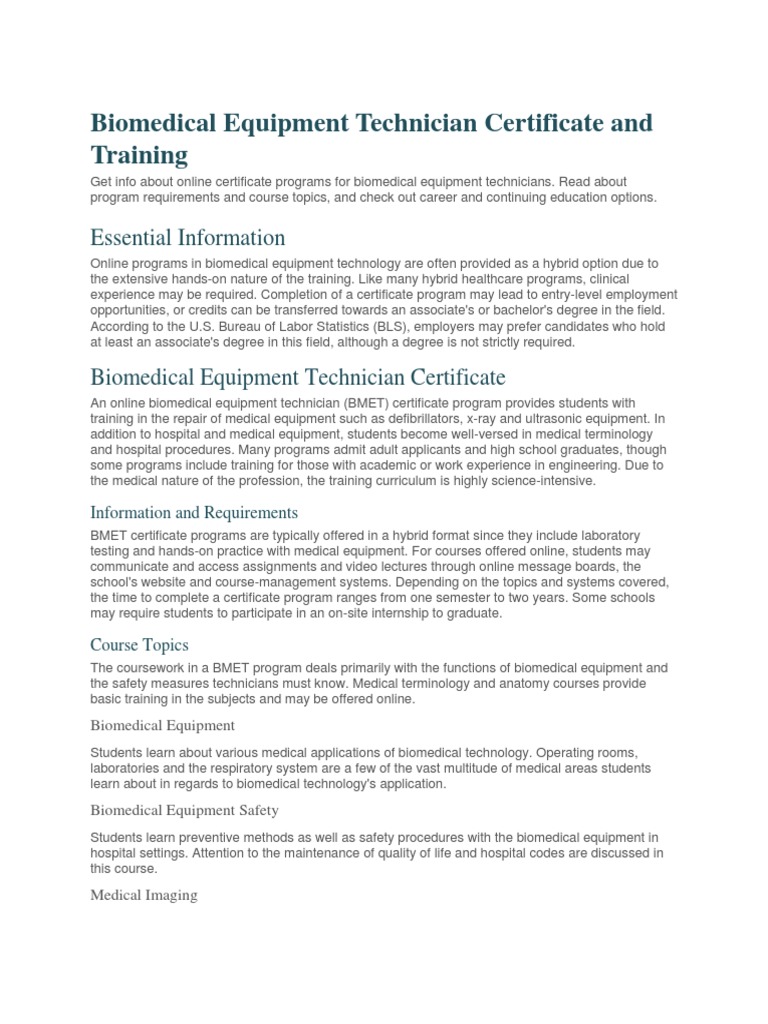 BMET Certificate and Training | PDF | Biomedical Engineering | Academic ...