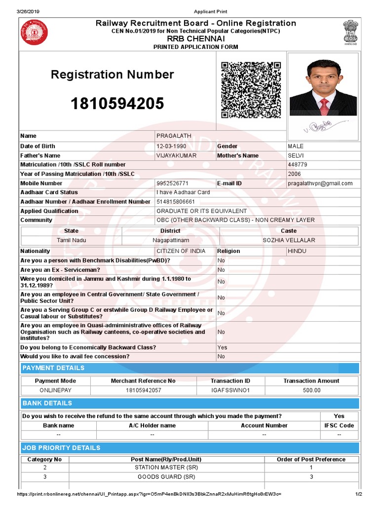 Registration Number: Railway Recruitment Board - Online Registration ...