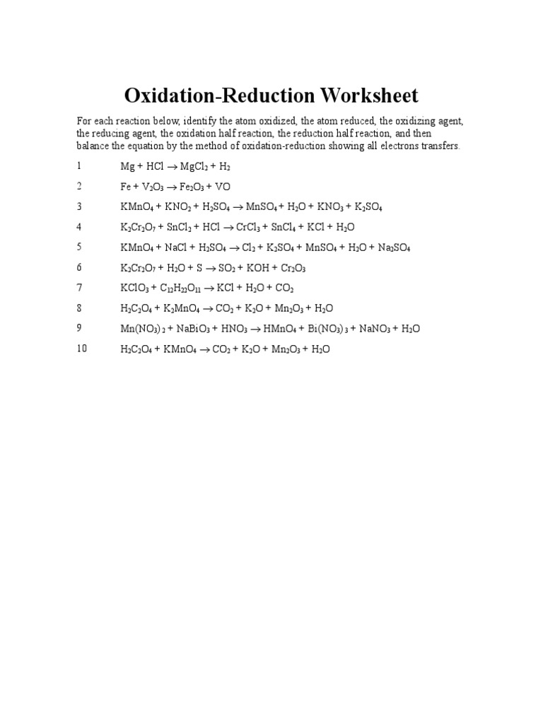 Balance Redox Worksheet | PDF