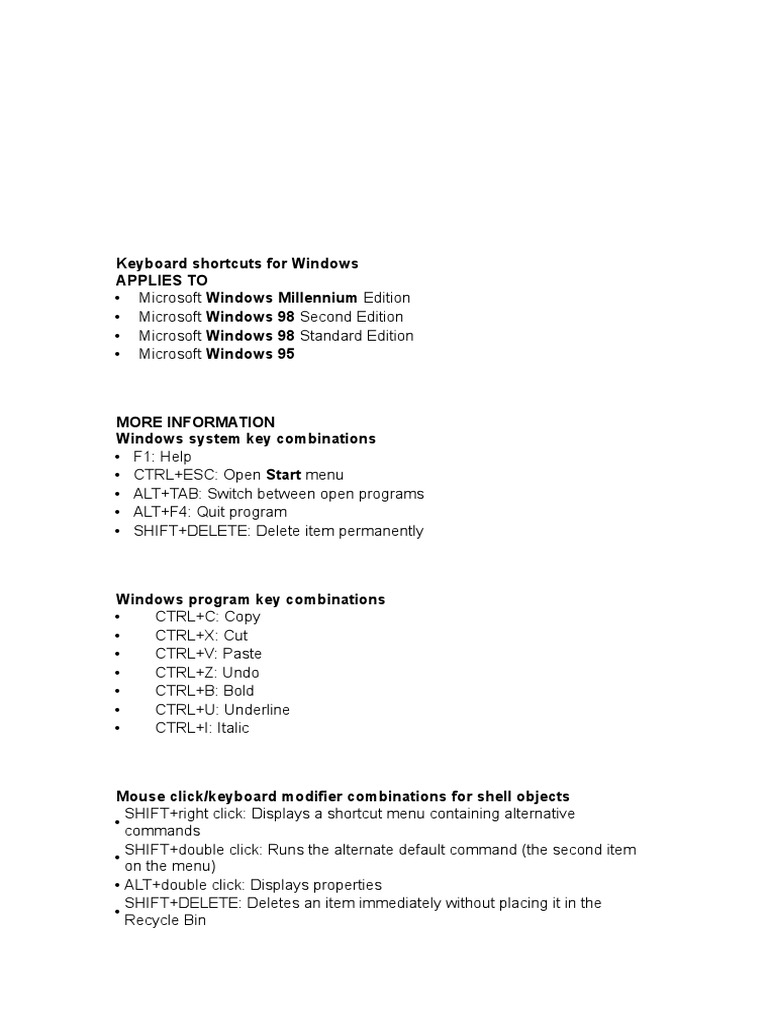 Keyboard Shortcuts For Windows Applies To | PDF | Keyboard Shortcut ...