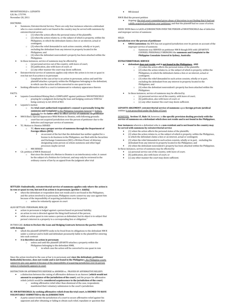 NM Rothschild v. Lepanto | PDF | Complaint | Summons