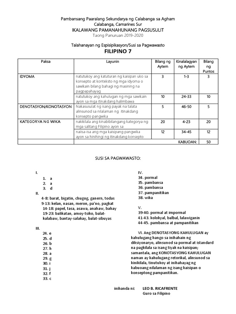 TOS Filipino 7 2nd | PDF
