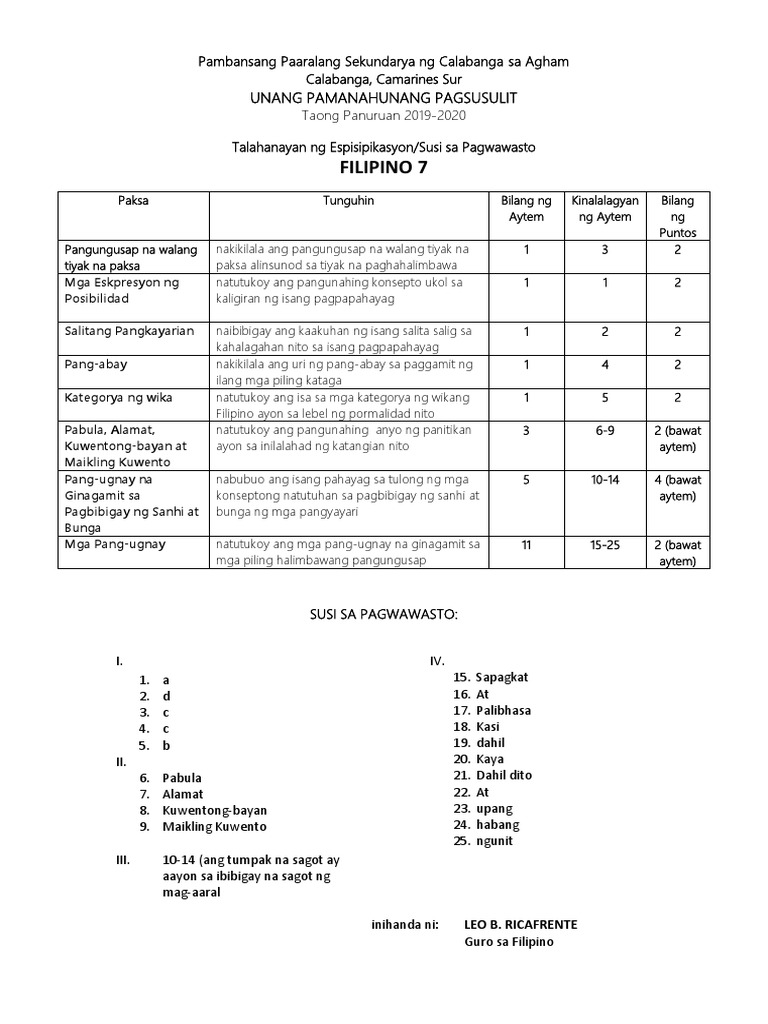 TOS Filipino 7 1st | PDF