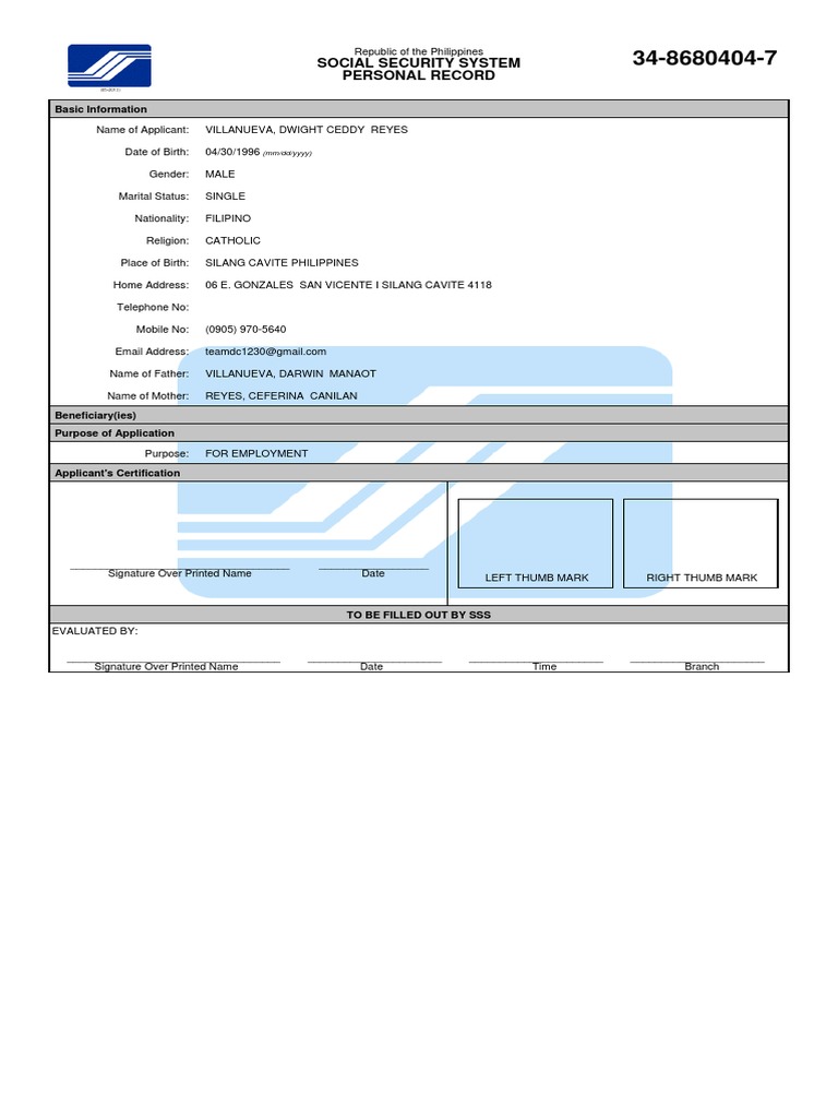 Social Security System Personal Record: Basic Information | PDF ...