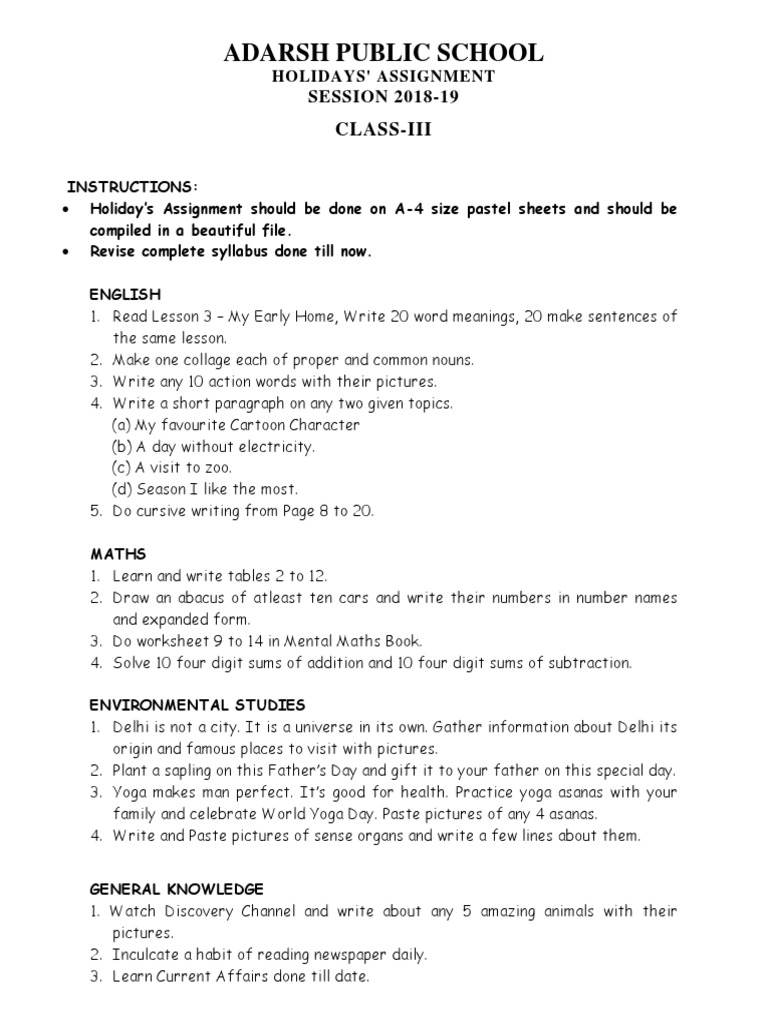 Adarsh Public School: Class-Iii | PDF