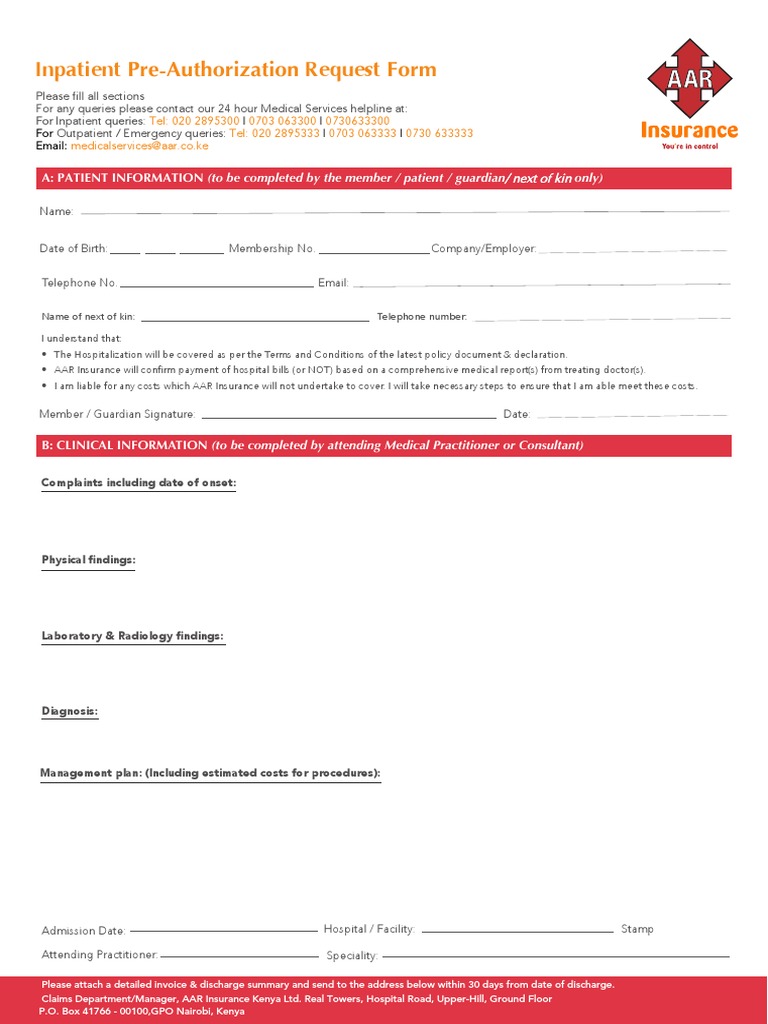 Aar Insurance New in Patient Preauthorization Form 2019 PDF | PDF