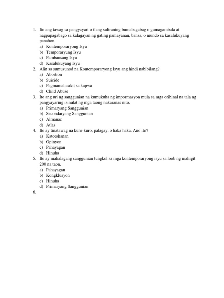 Kontemporaryong Issue 1-5 Quiz | PDF