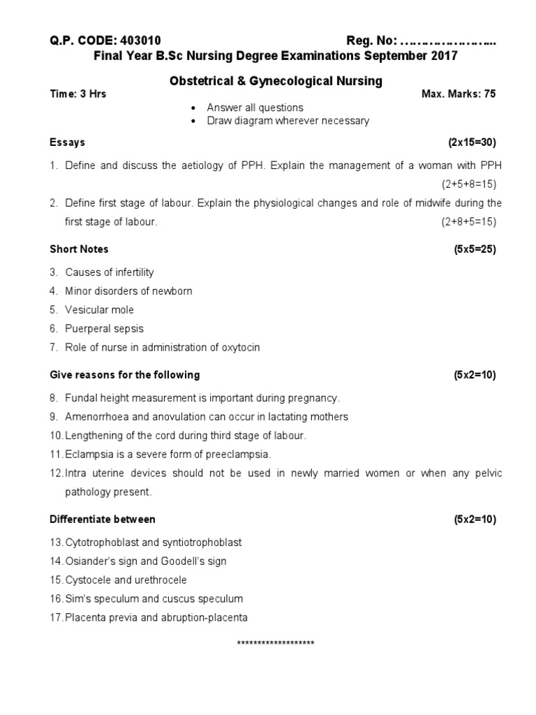 Q.P. CODE: 403010 Reg. No: ... Final Year B.SC Nursing Degree Examinations September 2017 ...