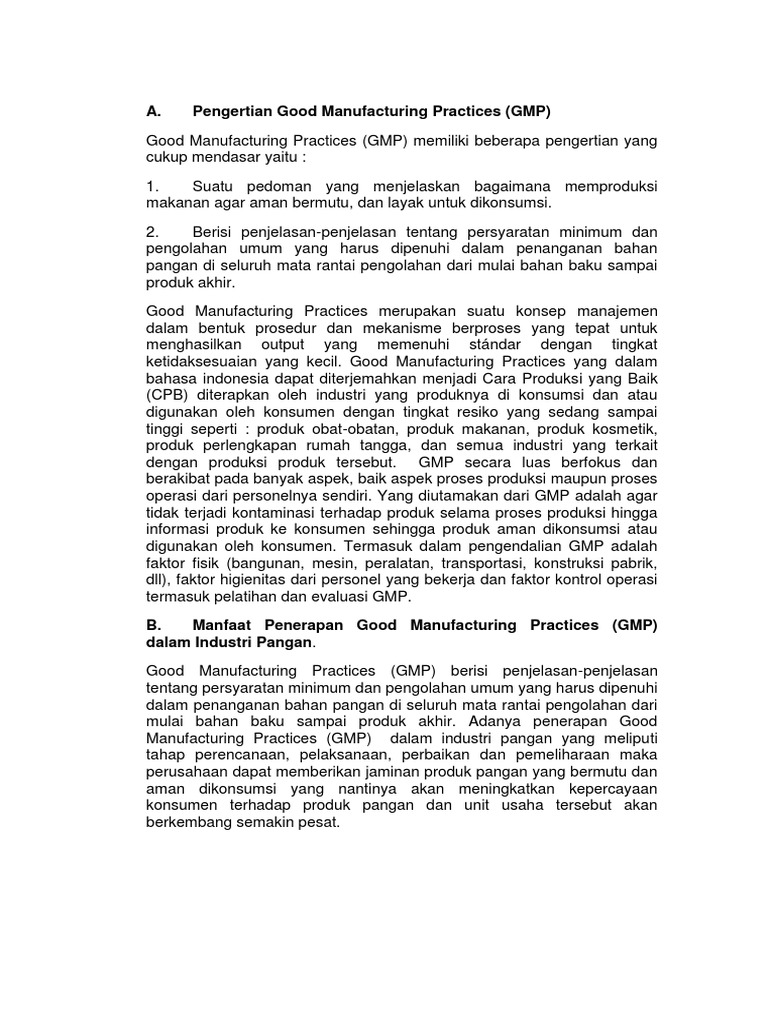 A. Pengertian Good Manufacturing Practices (GMP) | PDF
