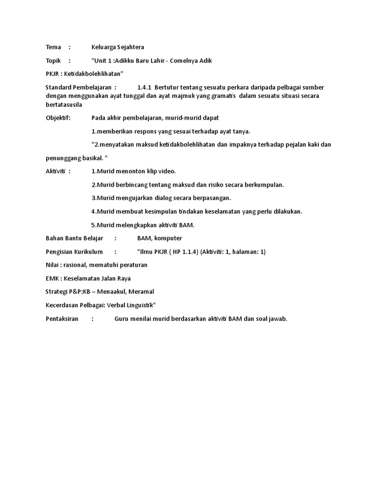 Contoh RPH PKJR Unit 1 Tahun 4 | PDF