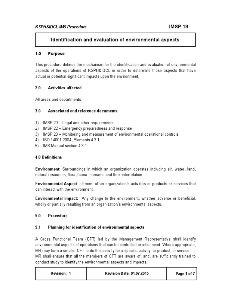 IMPS Aspect Impact Procedure | PDF | Waste | Environmental Impact ...