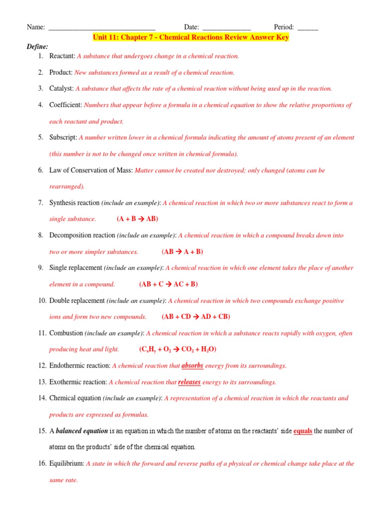 Chapter 7 Chemical Reactions Review Answer Key | PDF | Chemical ...