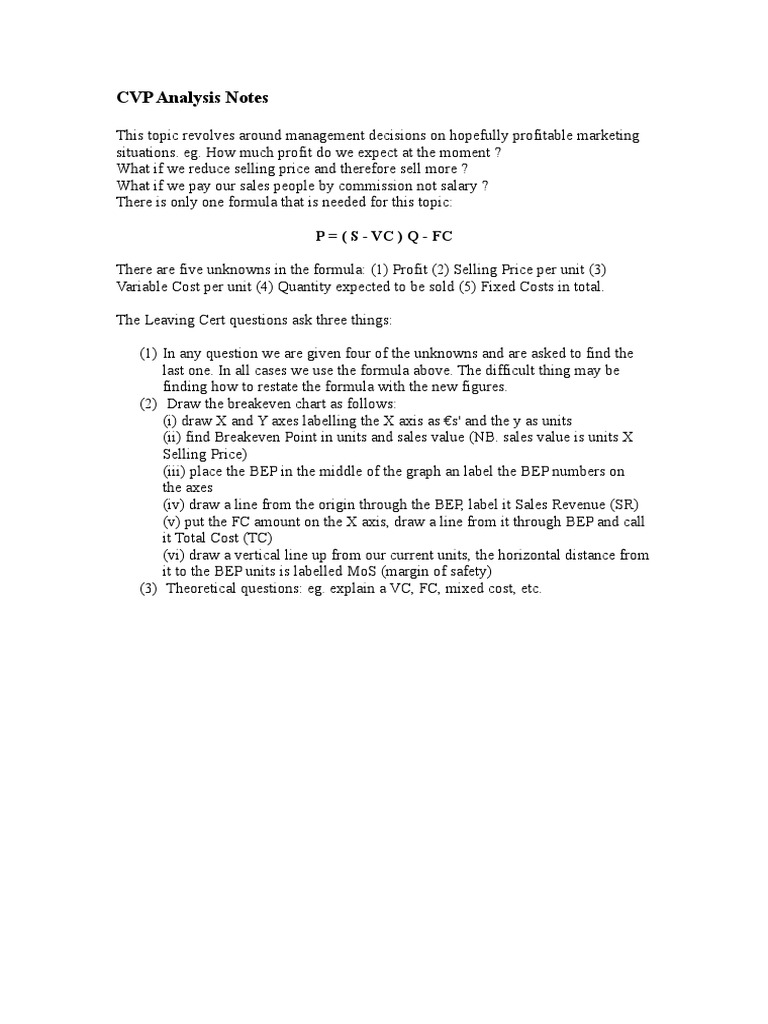 CVP Analysis Notes: P (S - VC) Q - FC | PDF