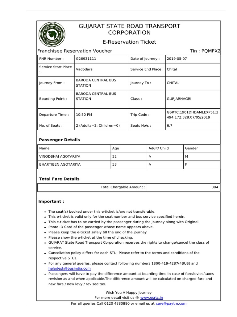 GSRTC E-Reservation Ticket Details | PDF | Fare | Payments