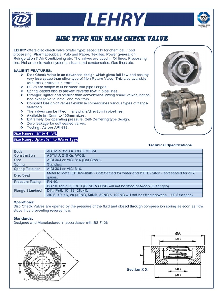 Disc Type Non Slam Check Valve: Technical Specifications and Operating ...