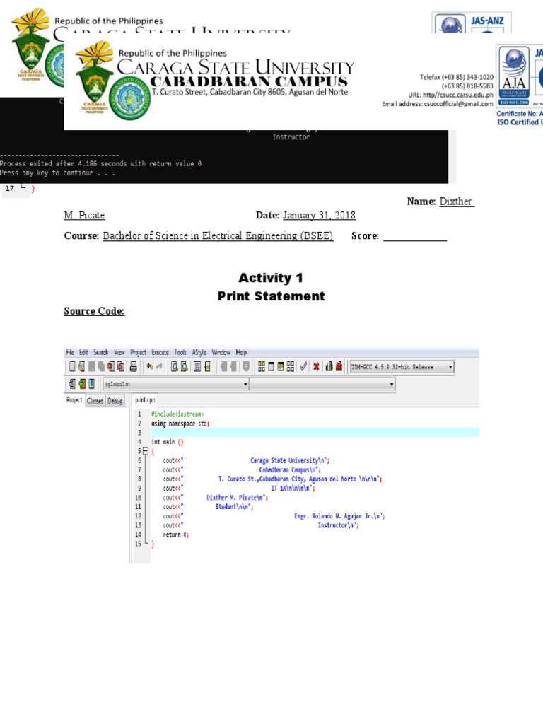 Name: Dixther Date: January 31, 2018 Course: Bachelor of Science in ...