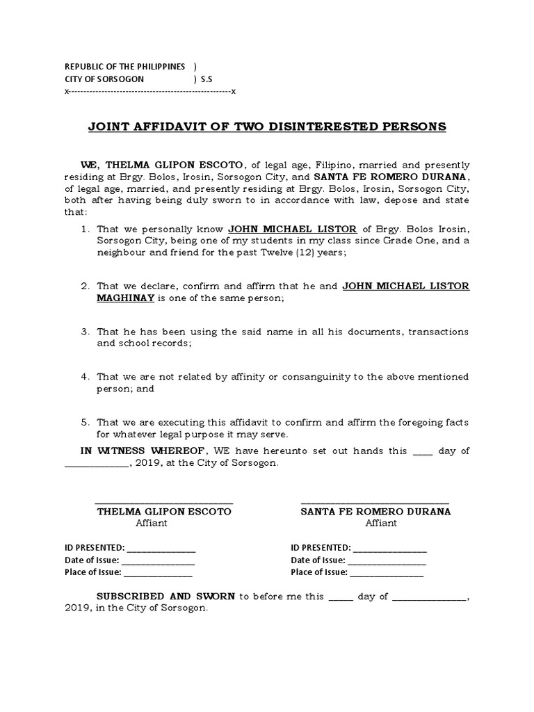 Joint Affidavit of Disinterested Persons | PDF