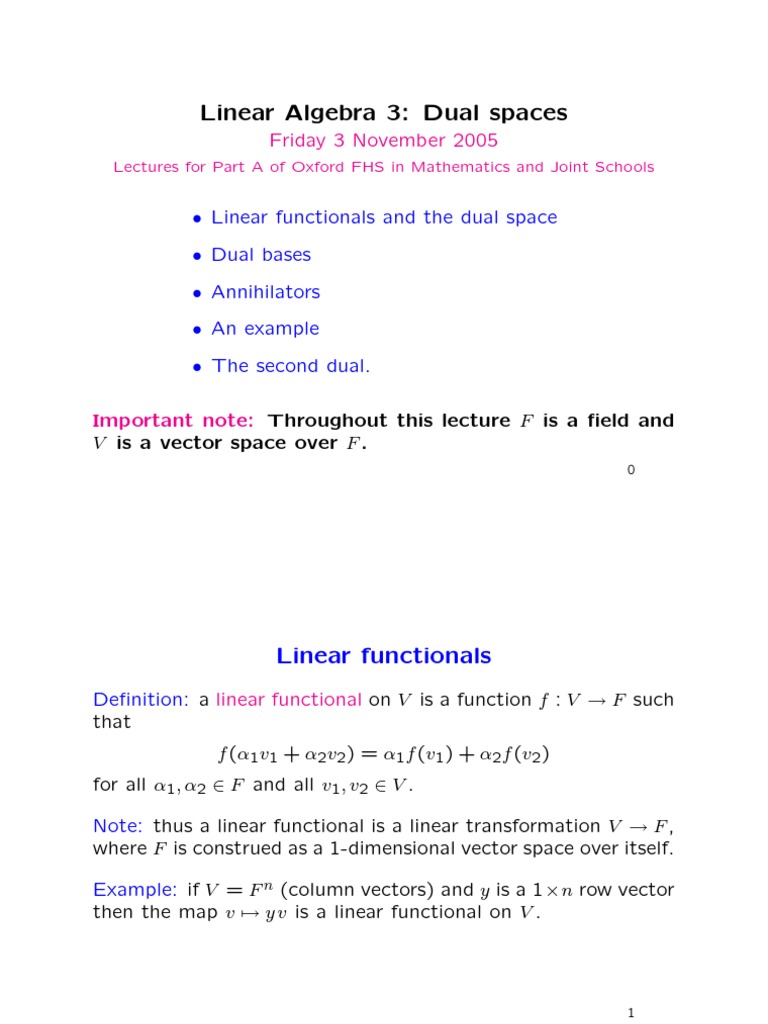Linear Algebra 3: Dual Spaces: Friday 3 November 2005 | PDF | Linear ...