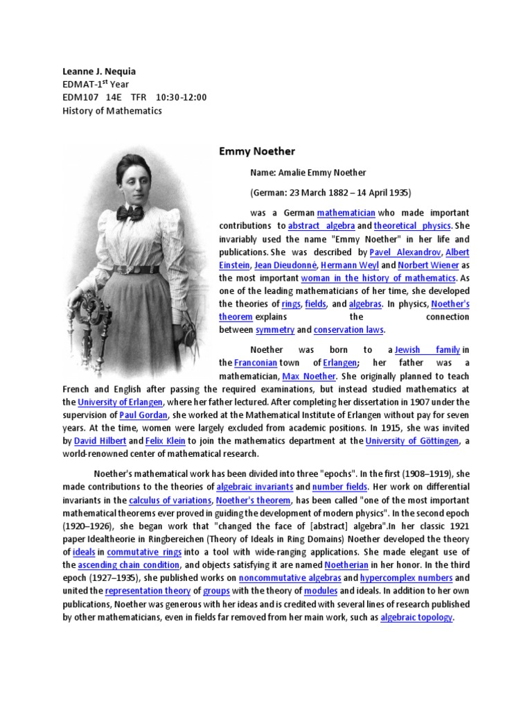 Emmy Noether | PDF | Abstract Algebra | Teaching Mathematics