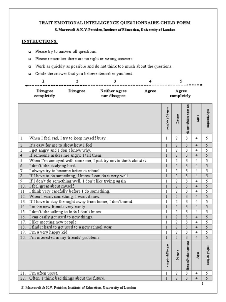Trait Emotional Intelligence Questionnaire-Child Form | Download Free ...