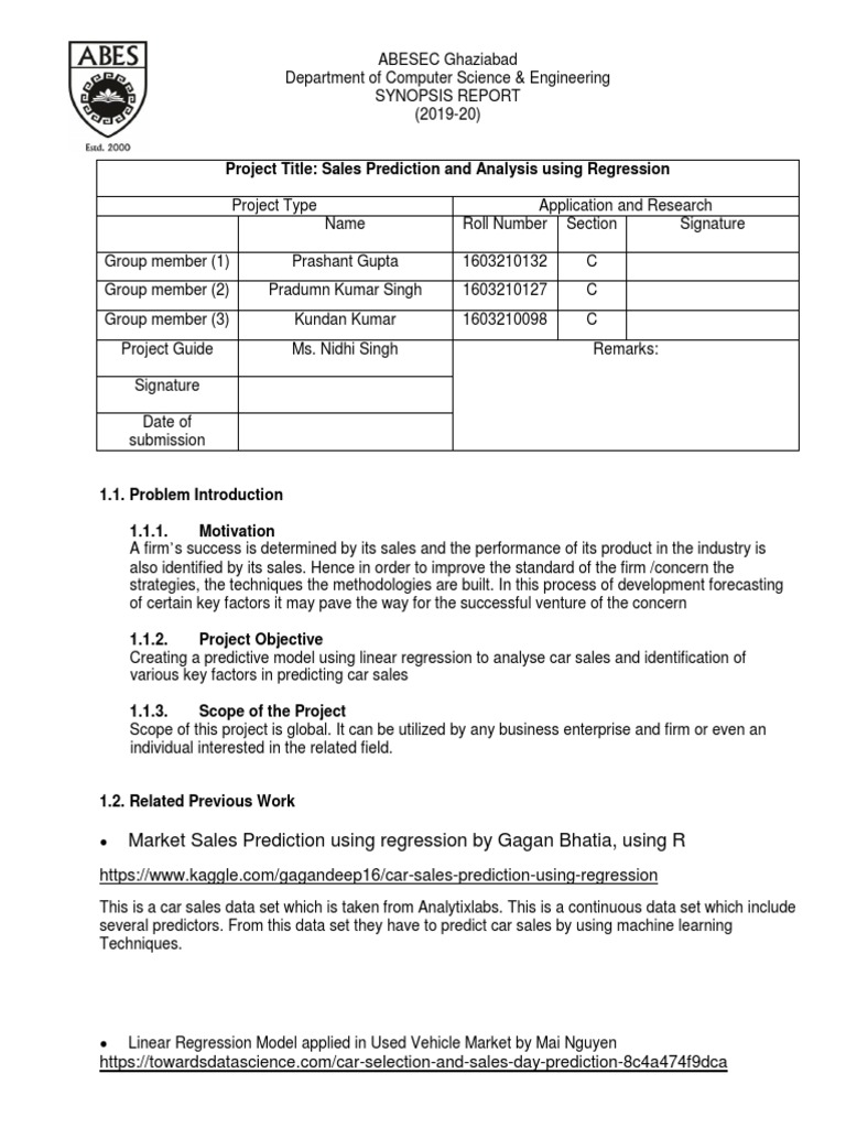 Major Project Synopsis Format (2019-20) | PDF | Prediction | Regression ...