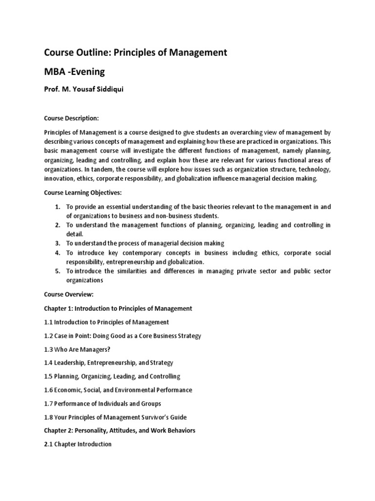 Course Outline: Principles of Management MBA - Evening: Prof. M. Yousaf ...