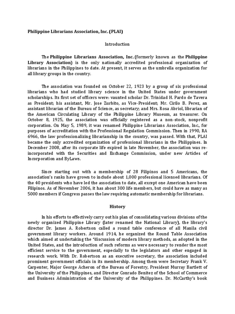 Philippine Librarians Association, Inc. (PLAI) | PDF | Librarian ...