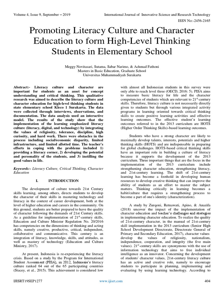 Promoting Literacy Culture and Character Education To Form High-Level ...