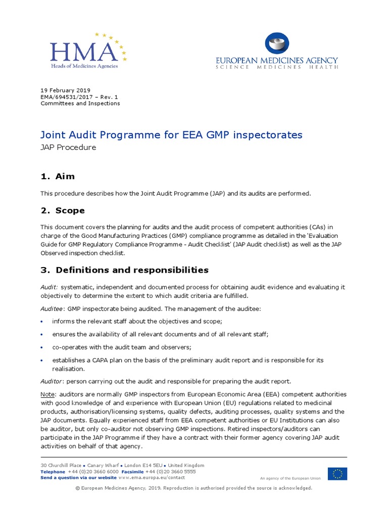 Joint Audit Programme For EEA GMP Inspectorates | PDF | Auditor's ...
