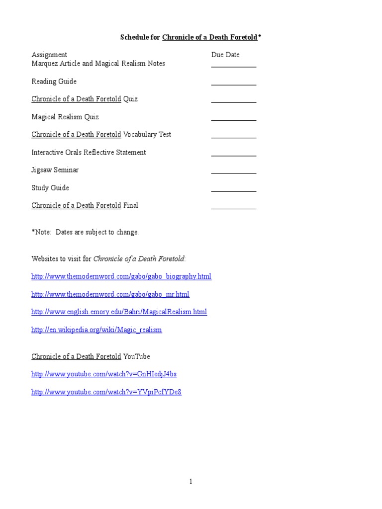 Chronicles of A Death Foretold Worksheet | PDF