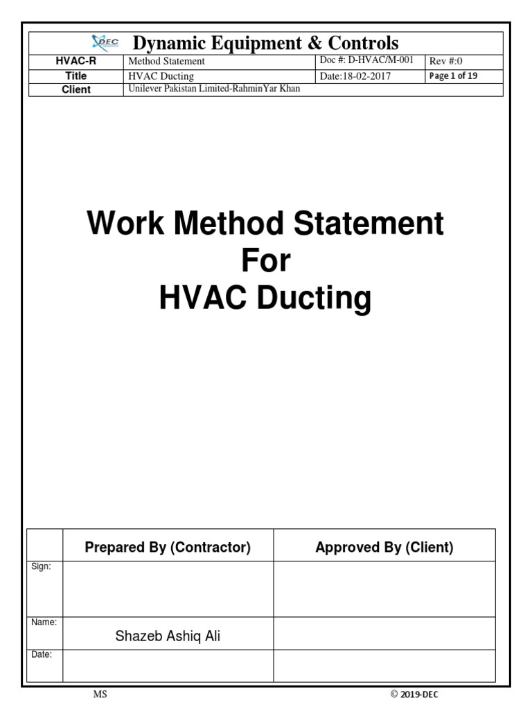 Work Method Statement For Hvac Ducting Dynamic Equipment And Controls Pdf Duct Flow Screw