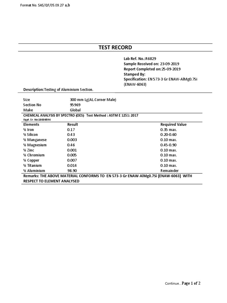 Test Record: Chemical Analysis by Spectro (Oes) Test Method: Astm E ...