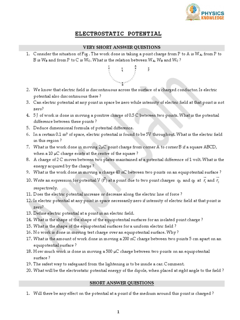 Electrostatic Potential: Very Short Answer Questions | PDF | Electric ...