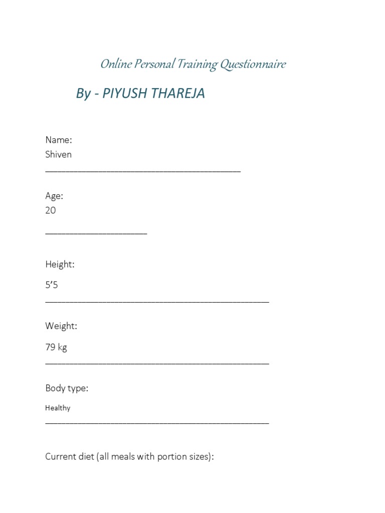Online Personal Training Questionnaire | PDF | Nutrition | Diet & Nutrition