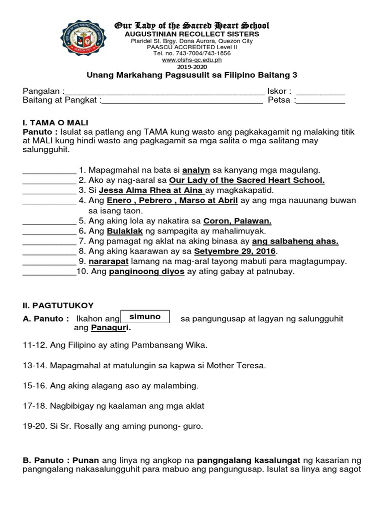 1st Quarter Test GRADE 3 | PDF