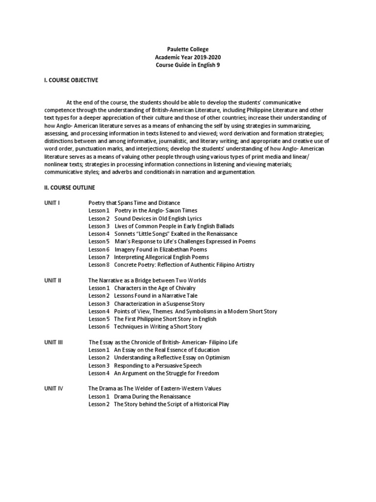 Paulette College Academic Year 2019-2020 Course Guide in English 9 I ...